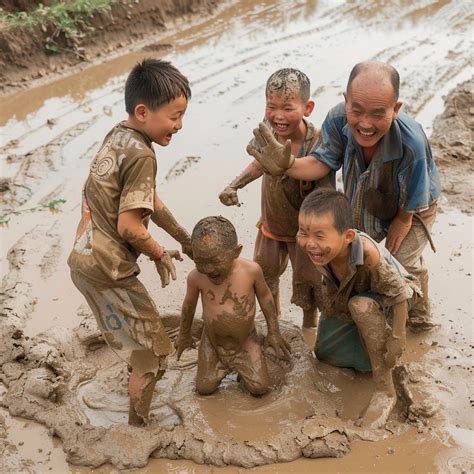 乡间小道上，一群孩子正在玩泥巴，欢声笑语不断。过年返乡的肌肉大叔也加入其中，和孩子们一起用泥巴塑造各 豆友8074的文本出图 Midjourney模型作品