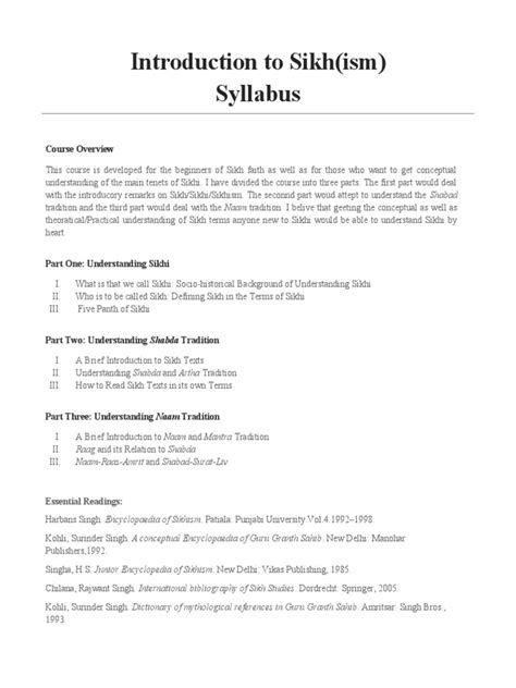 introduction to sikh ism syllabus course overview pdf punjab