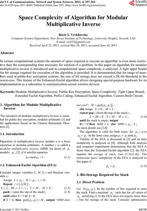 Space Complexity Of Algorithm For Modular Multiplicative Inverse