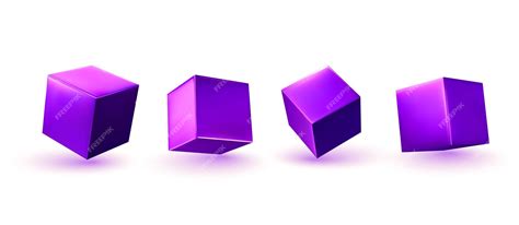 바이올렛 큐브 3d 렌더링 정사각형 블록을 설정합니다 현실적인 흰색 배경에 고립입니다 벡터 일러스트 레이 션 프리미엄 벡터