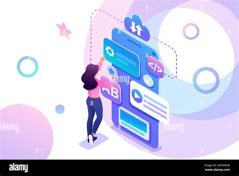 Isometric Young Girl Is Engaged In The Creation Of A Mobile Application A Teenager Working On