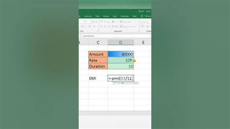 Calculate Emi Using Pmt Function In Excel Shorts Youtube
