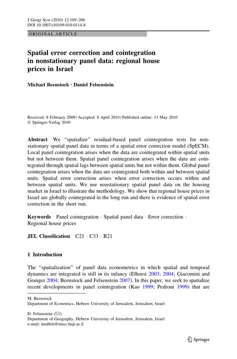 Pdf Spatial Error Correction And Cointegration In Nonstationary Panel Data Regional House