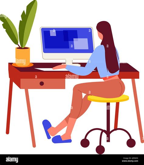 Freelance People Work Composition With Girl Sitting At Table With Computer At Home Vector