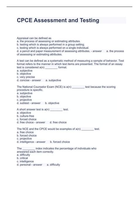 Cpce Assessment And Testing Questions With Correct Answers 2024 Cpce Stuvia Us