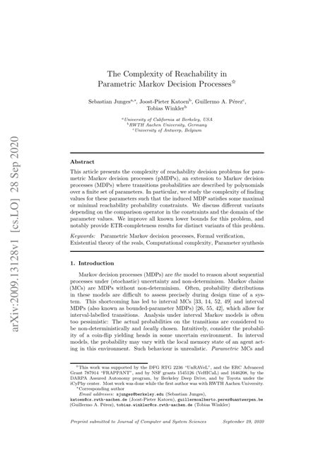 Pdf The Complexity Of Reachability In Parametric Markov Decision Processes