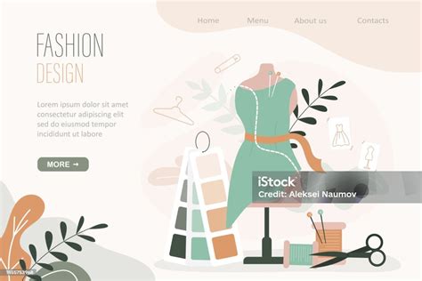 패션 디자인 방문 페이지 템플릿입니다 양재 바느질 작업장 또는 코스 재봉 개념 바느질 바느질 장비 마네킹 실 가위 및 색상