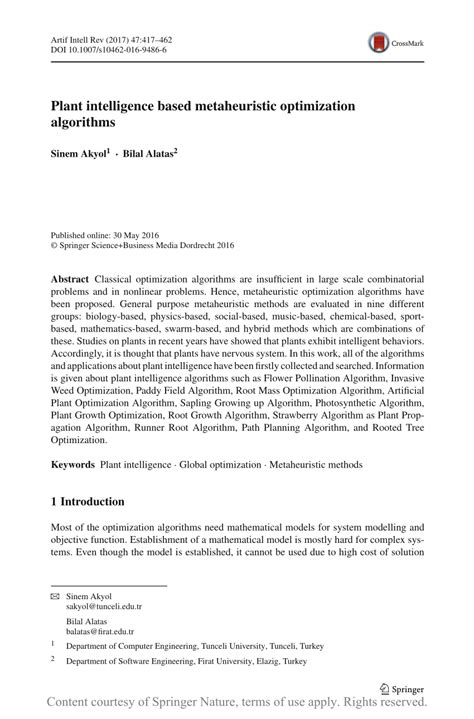 Plant Intelligence Based Metaheuristic Optimization Algorithms Request Pdf