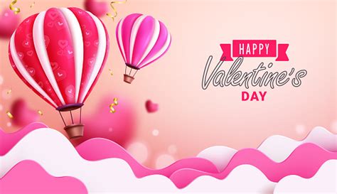 해피 발렌타인 데이 텍스트 벡터 템플릿 디자인입니다 발렌타인 데이 인사말 카드 열기구 비행 구름 종이 컷 장식 요소와 함께 14에 대한 스톡 벡터 아트 및 기타 이미지