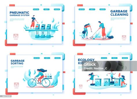 쓰레기 선별 방문 페이지 세트 사람들이 쓰레기를 재활용 플라스틱 청소 해변 자원 봉사자 던지는 쓰레기통에 수 환경 개념 역 자판기 평면 만화 벡터 생태 그림 4월에 대한