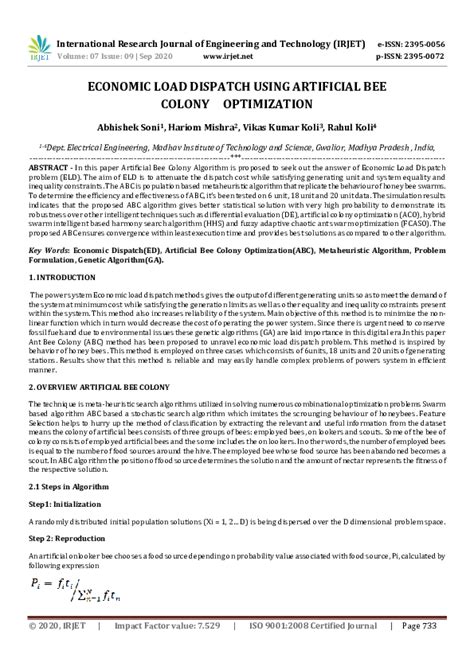 Pdf Economic Load Dispatch Using Artificial Bee Colony Optimization