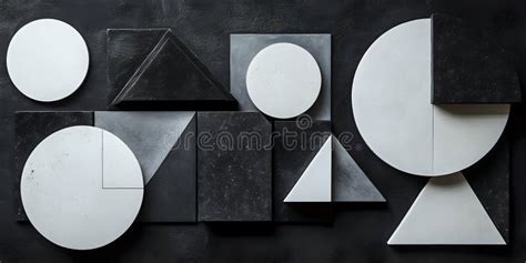 Geometric Shapes Arranged In Monochrome Style With Dark Background Creating Visual Tension Stock
