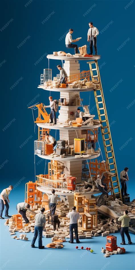 Assembly Line Work On Plain Blue Background Premium Ai Generated Image