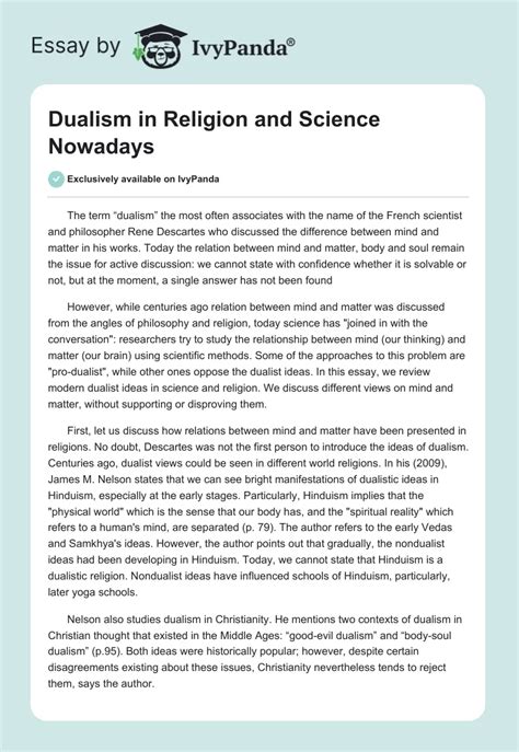 Dualism In Religion And Science Nowadays Words Research Paper Example