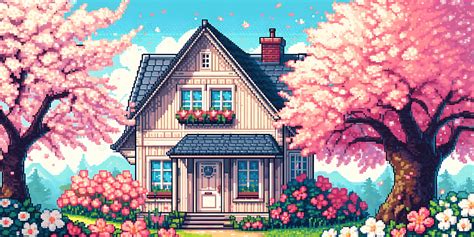 꽃이 만발한 배경을 갖춘 매력적인 픽셀 아트 하우스 꽃이 만발한 배경을 갖춘 매력적인 픽셀 아트 하우스 픽셀 아트 하우스 꽃 배경 배경 일러스트 및 사진 무료 다운로드