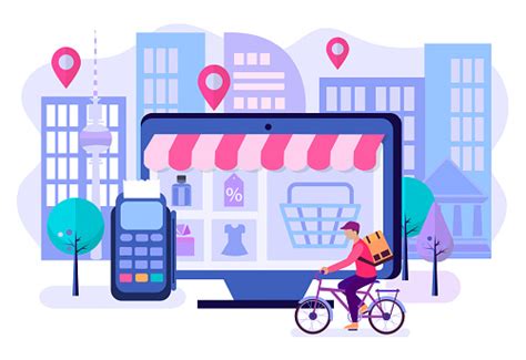 온라인 상점에서 온라인 쇼핑 택배 및 지불 터미널을 통해 지불 하 여 상품의 배달 역에 대한 스톡 벡터 아트 및 기타 이미지 역 교환 구매 Istock