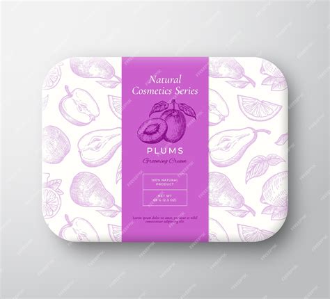 자두 목욕 화장품 패키지 상자 라벨 커버와 함께 추상적인 벡터 포장된 종이 컨테이너 포장 디자인 현대 인쇄 술과 손으로 그린 과일 배경 패턴 레이아웃 외딴