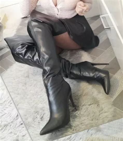 Amazing Black Rear Back Zip Thigh High Over Knee Heel Boots Uk 5 Eu 38