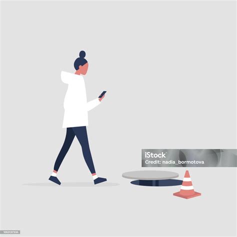 스마트폰 중독 천년 여성 캐릭터입니다 Nomophobia입니다 오픈 수로 화 해치입니다 평면 편집 가능한 벡터 일러스트 레이 션 클립 아트 맨홀에 대한 스톡 벡터 아트 및