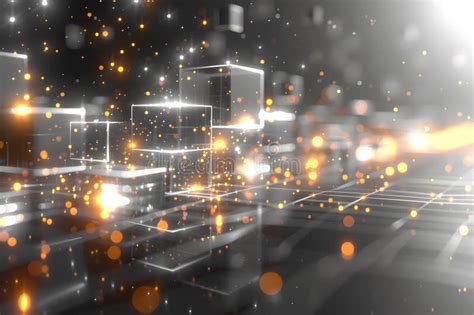 Abstract Digital Landscape Floating Geometric Shapes Glowing Particles Futuristic Setting Stock