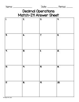 Decimal Operations Matching Activity Game Match It All Operations