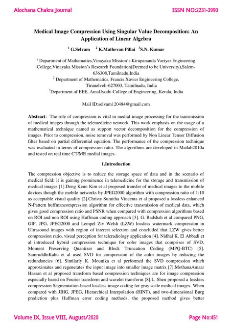 PDF Medical Image Compression Using Singular Value Decomposition An Application Of Linear Algebra