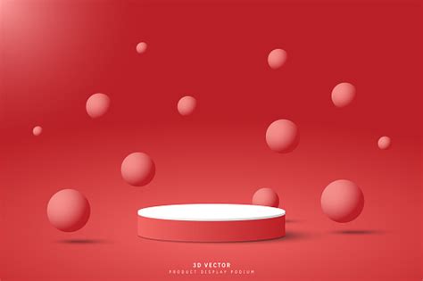 추상적인 흰색 빨간색 3d 실린더 연단 받침대 또는 공중에서 공이 떠 있거나 위아래로 튀는 쇼 제품을 위한 무대 쇼케이스를 위한