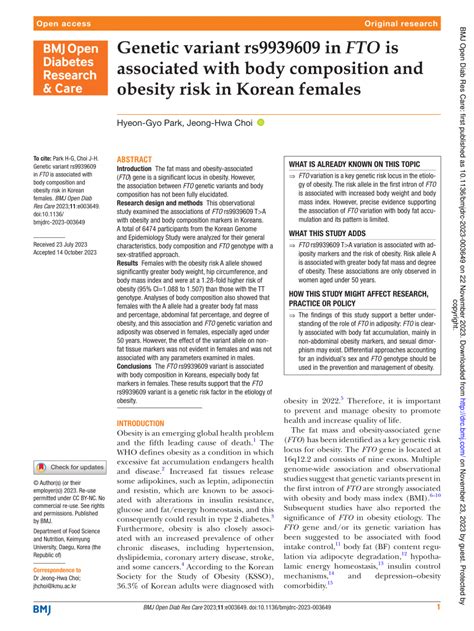 Pdf Genetic Variant Rs9939609 In Fto Is Associated With Body Composition And Obesity Risk In