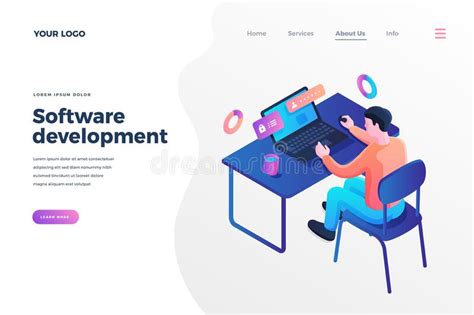 software development isometric landing page template male programmer