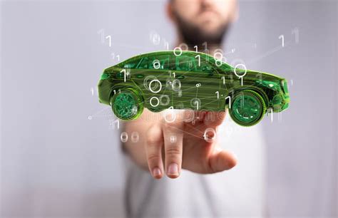 Closeup Of The Hand Touching The 3d Rendering Of An Electric Car Model With Binary Numbers