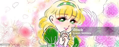 70 년대 소녀 만화 금발의 와이드 사이즈 만화 일러스트레이션은 그녀의 두근 거리는 사랑과 장미 정원 배경의 성취를 위해기도하기 위해 포즈를 취한 젊은 아가씨에게 퍼졌습니다