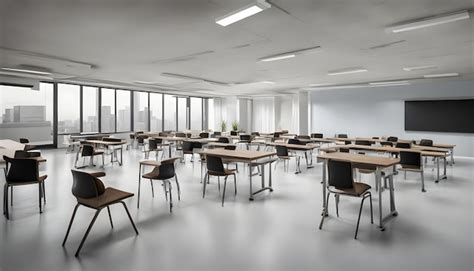A Classroom With Tables And Chairs With A White Wall Behind Them Premium Ai Generated Image