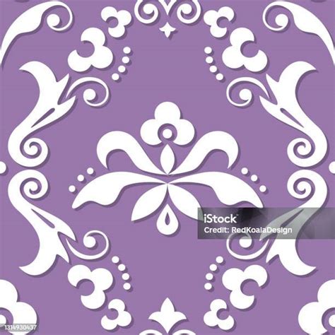 다마스 로얄 벡터 원활한 직물 또는 파빅 프린트 패턴 보라색에 흰색꽃 소용돌이와 잎클래식 빅토리아 반복 디자인 과거에 대한 스톡 벡터 아트 및 기타 이미지 Istock
