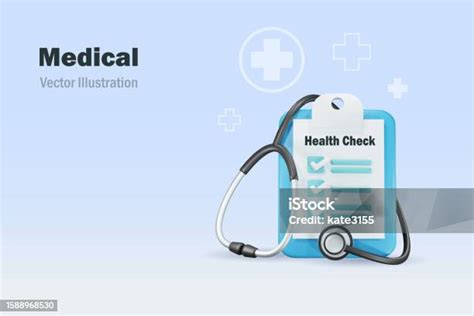 건강 검진 건강 검진표 게시판이 있는 청진기 의료 및 건강 보험 개념입니다 3d 벡터 3차원 형태에 대한 스톡 벡터 아트 및