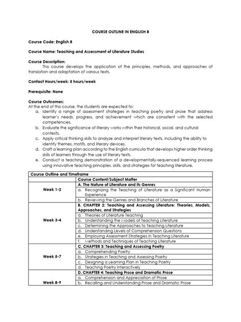 Course Outline And Toc In English 8 Pdf Educational Assessment Reading Comprehension