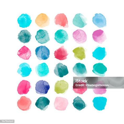 화려한 벡터 수채화 손으로 그린 둥근 모양 얼룩 동그라미 흰색 절연 된 Blob의 집합입니다 예술적 디자인을 위한 그림 수채화에 대한 스톡 벡터 아트 및 기타 이미지