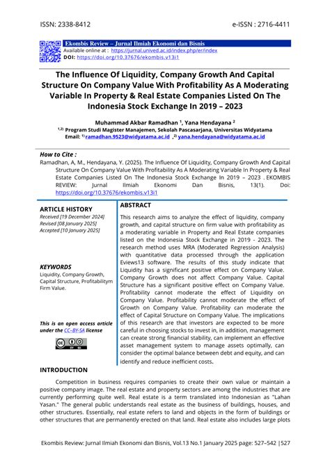 Pdf The Influence Of Liquidity Company Growth And Capital Structure On Company Value With