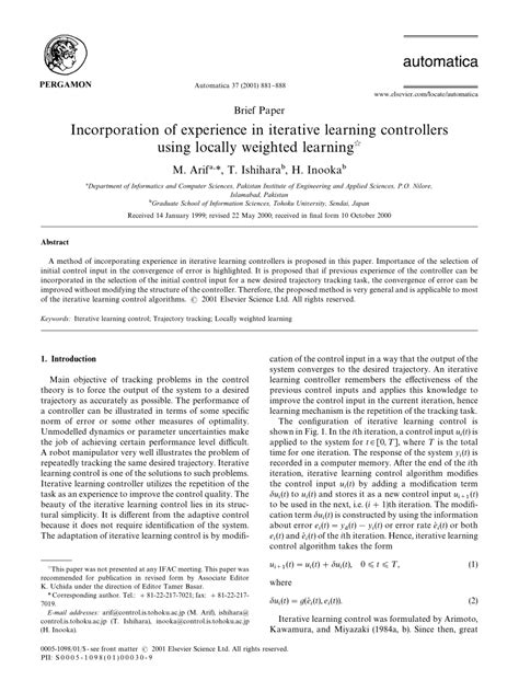 Pdf Incorporation Of Experience In Iterative Learning Controllers