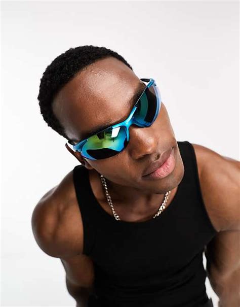 Asos Design Rimless Racer Sunglasses With Mirror Lens In Blue Asos