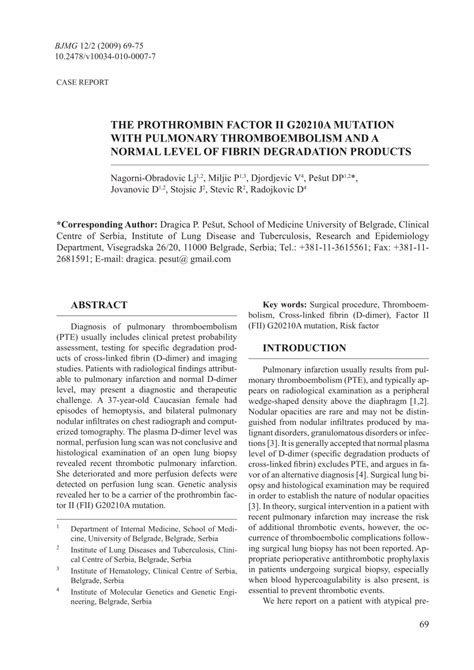 Pdf The Prothrombin Factor Ii G20210a Mutation With Pulmonary Thromboembolism And A Normal