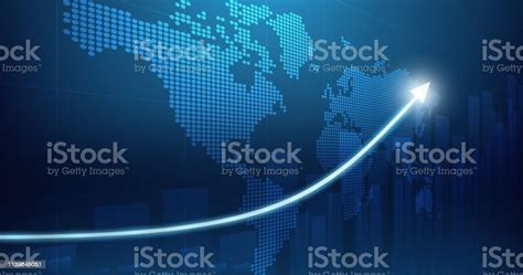 업 트렌드 라인 화살표 그래프와 블루 컬러 배경에 세계지도와 와이드 스크린 추상 금융 차트 디지털 화면에 대한 스톡 벡터 아트 및 기타 이미지 디지털 화면 세계지도