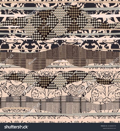 Patchwork Floral Pattern Houndstooth Fabric Indian Stock Vector