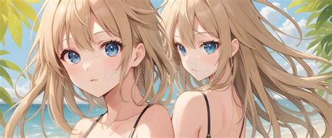 2 Young Blondes With Blue Eyes In Bikinis On The Beach Anime Manga