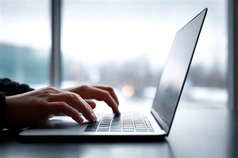 Person Working On Laptop Near Window A Persons Hands Typing On A Laptop Keyboard Symbolizing