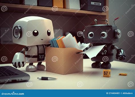 Cute Robot Assistant Helping Busy Office Worker With Filing And Other Tasks Stock Illustration