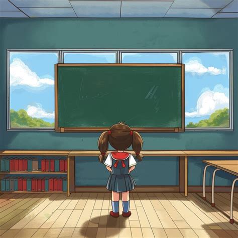 A Cartoon Of A Girl In A Classroom With A Green Board That Says The