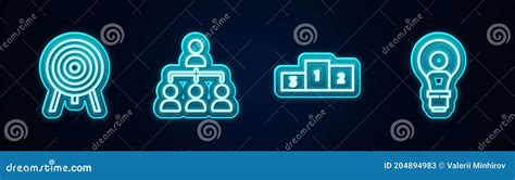 Set Line Target Hierarchy Organogram Chart Business Podium And Head With Lamp Bulb Glowing