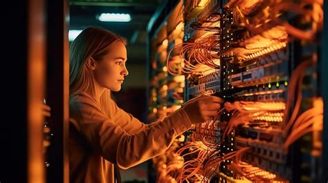 Premium Photo A Female Network Engineer Connecting Cables In Server Cabinet While Working
