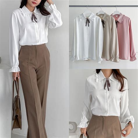 55 77사이즈 빅사이즈 루즈핏 여성 봄 가을 프릴 카라 쉬폰 정장 셔츠 블라우스
