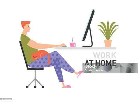 집에서 고양이와 함께 일하는 남자 플랫 벡터 개념 그림입니다 홈 오피스 집에서 일하십시오 서재에 대한 스톡 벡터 아트 및 기타